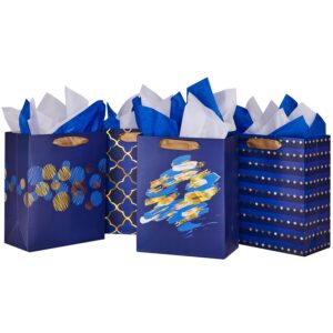 suncolor 4 pack 9" small gift bags for christmas/father's day/party bags with tissue paper(blue)