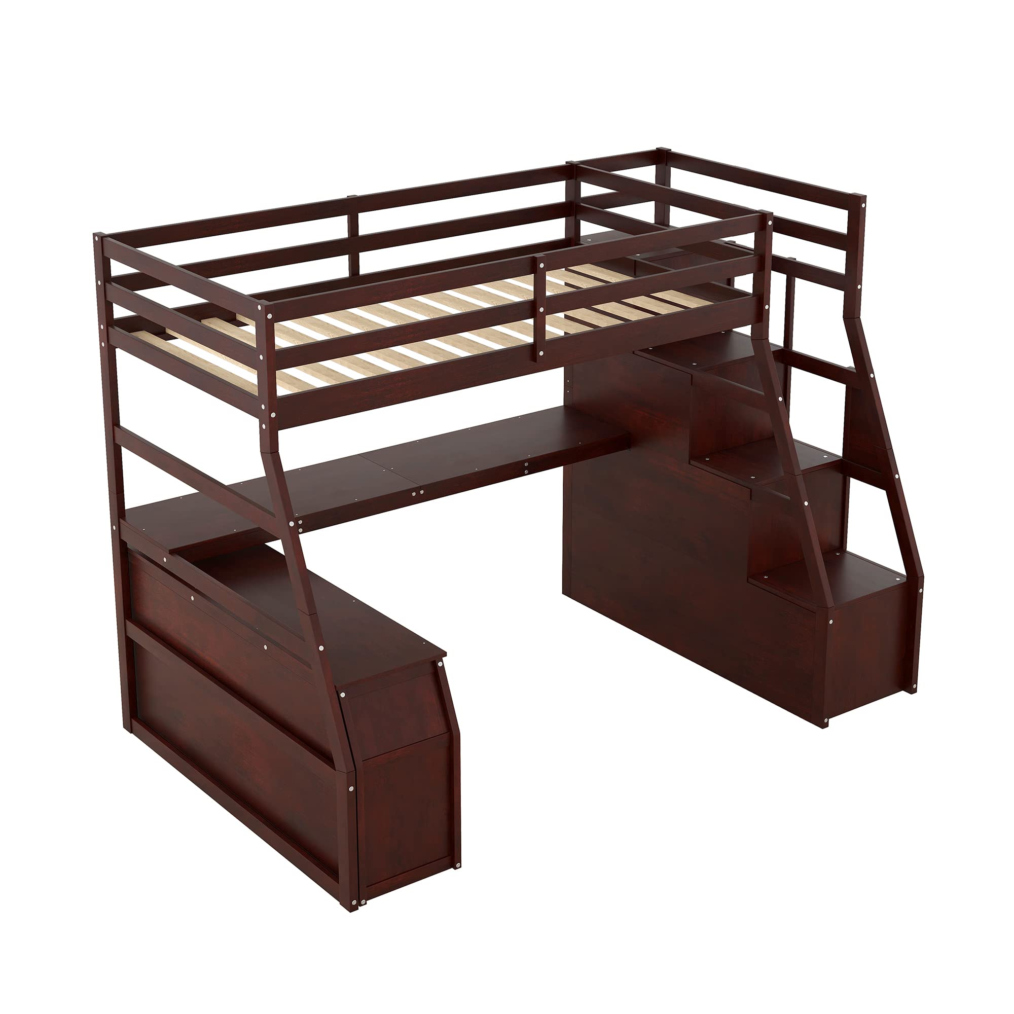 Twin Loft Bed with Desk & Storage Stairs Wood Loft Beds with Cabinet and 7 Drawers and 2 Shelves High Loft Bed Frame with Step for Kids, Juniors, Teen, Boys, Girls, Espresso, Twin Size