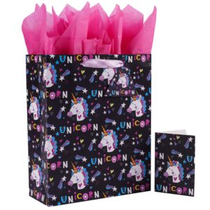 jwscysy 12.6" large gift bag with card and tissue paper - black pink unicorn gift bag for girls birthday.