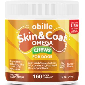 obille skin & coat omega for dogs 160 chews 12oz – salmon oil supplement for puppies and large dogs, support shiny coat, dry & itchy skin relief, immune & heart health and may reduce allergy, shedding