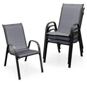 tangkula 4 pieces patio dining chairs, outdoor stackable all weather heavy duty dining chairs set with armrests, support 330 lbs, for poolside, backyard, garden, deck, front porch (grey)