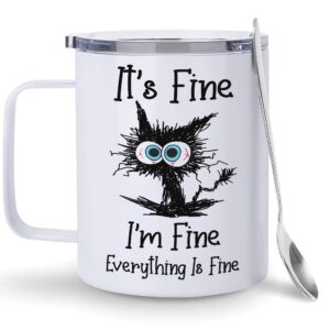 hyturtle funny cat gifts for cat lover, it's fine i'm fine everything is fine coffee tumbler cup mug stainless steel 12oz, cat gifts for women, gift for animal lover on birthday christmas