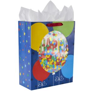 suncolor 16" extra large gift bag for birthday party bag with tissue paper(blue)