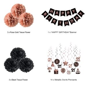 BRT Bearingshui Happy 21st Birthday Hanging Swirls Streamers Decoration, Happy Birthday Banner with Tissue Pompoms, Rose Gold and Black 21 Years Old Birthday Party Hanging Backdrop Decorations