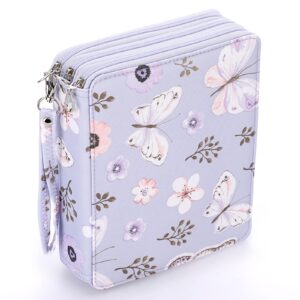 btsky colored pencil case- 120 slots pencil holder large capacity pencil organizer with handle strap handy colored pencil box with printing pattern (purple butterfly)