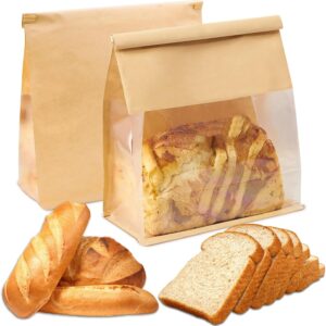 heavy duty large kraft paper bread bags with tin tie tab lock 50pcs, loaf bag with clear front window, storage packaging treat bag for bakery cafe homemade bread 10.6” × 4.3” × 8.7”