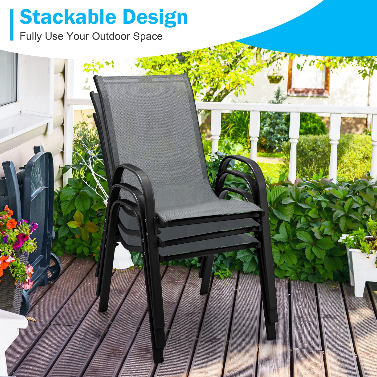 Tangkula 4 Pieces Patio Dining Chairs, Outdoor Stackable All Weather Heavy Duty Dining Chairs Set with Armrests, Support 330 LBS, for Poolside, Backyard, Garden, Deck, Front Porch (Grey)