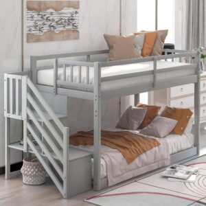 eafurn twin over twin floor bunk beds with stairs for teens, low bunk beds with storage staircase,solid wood stairway bunk bed frame for kids boys girls, no box spring required