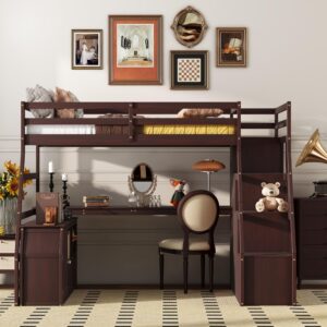 Twin Loft Bed with Desk & Storage Stairs Wood Loft Beds with Cabinet and 7 Drawers and 2 Shelves High Loft Bed Frame with Step for Kids, Juniors, Teen, Boys, Girls, Espresso, Twin Size