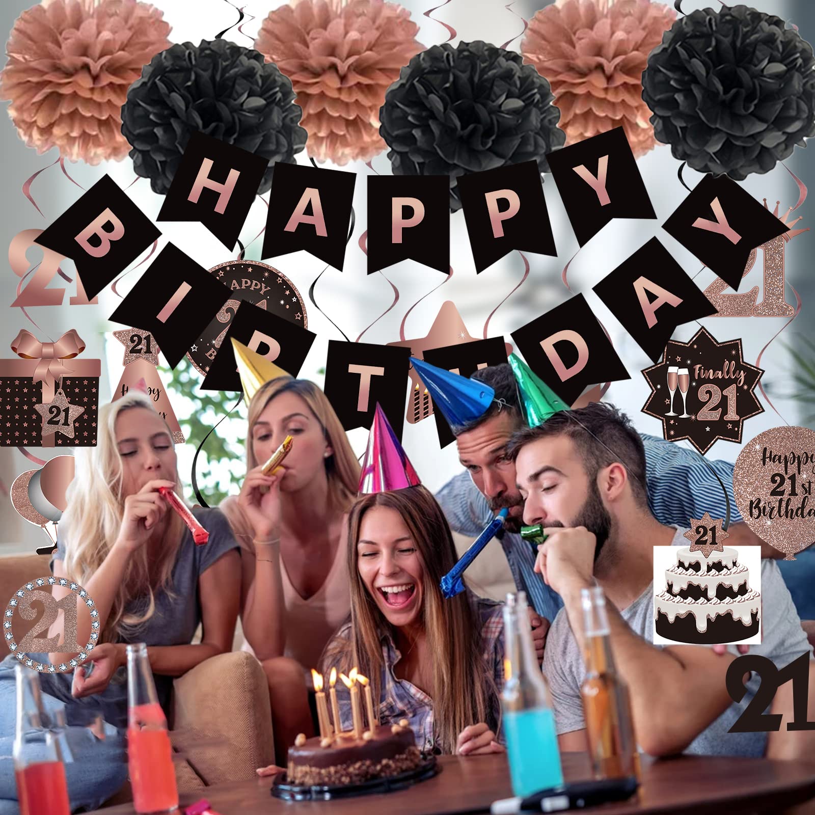 BRT Bearingshui Happy 21st Birthday Hanging Swirls Streamers Decoration, Happy Birthday Banner with Tissue Pompoms, Rose Gold and Black 21 Years Old Birthday Party Hanging Backdrop Decorations