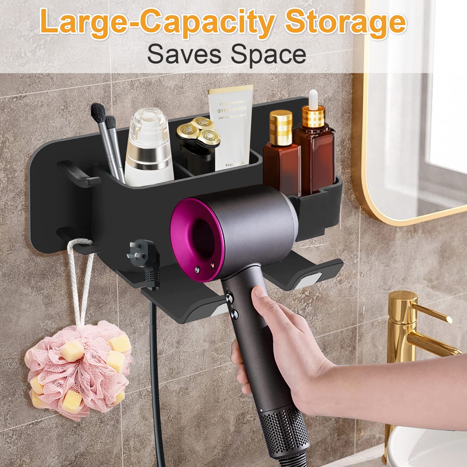 GWSNIO Hair Dryer Holder Wall Mounted, Self-Adhesive Blow Dryer Rack Removable Hair Tool Organizer with Plug Hook, Multi-Functional Hair Care Styling Tool Storage Basket for Bathroom