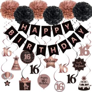 brt bearingshui happy 16th birthday hanging swirls streamers decoration, happy birthday banner with tissue pompoms, rose gold and black 16 years old birthday party hanging backdrop decorations