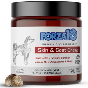 forza10 dog skin and coat supplement with omega 3 fish oil dogs, provides dog allergy relief, salmon flavor dog vitamins & supplements for itchy skin relief, dog allergy chews with probiotics, 90 ct.