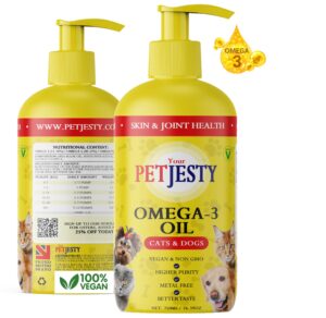 petjesty pure omega 3 oil for dogs & cats 26.39oz - omega 3 skin & coat support- liquid food supplement for pets - vegan pet + dha for joint function, immune & heart health, non fish oil dog and cat