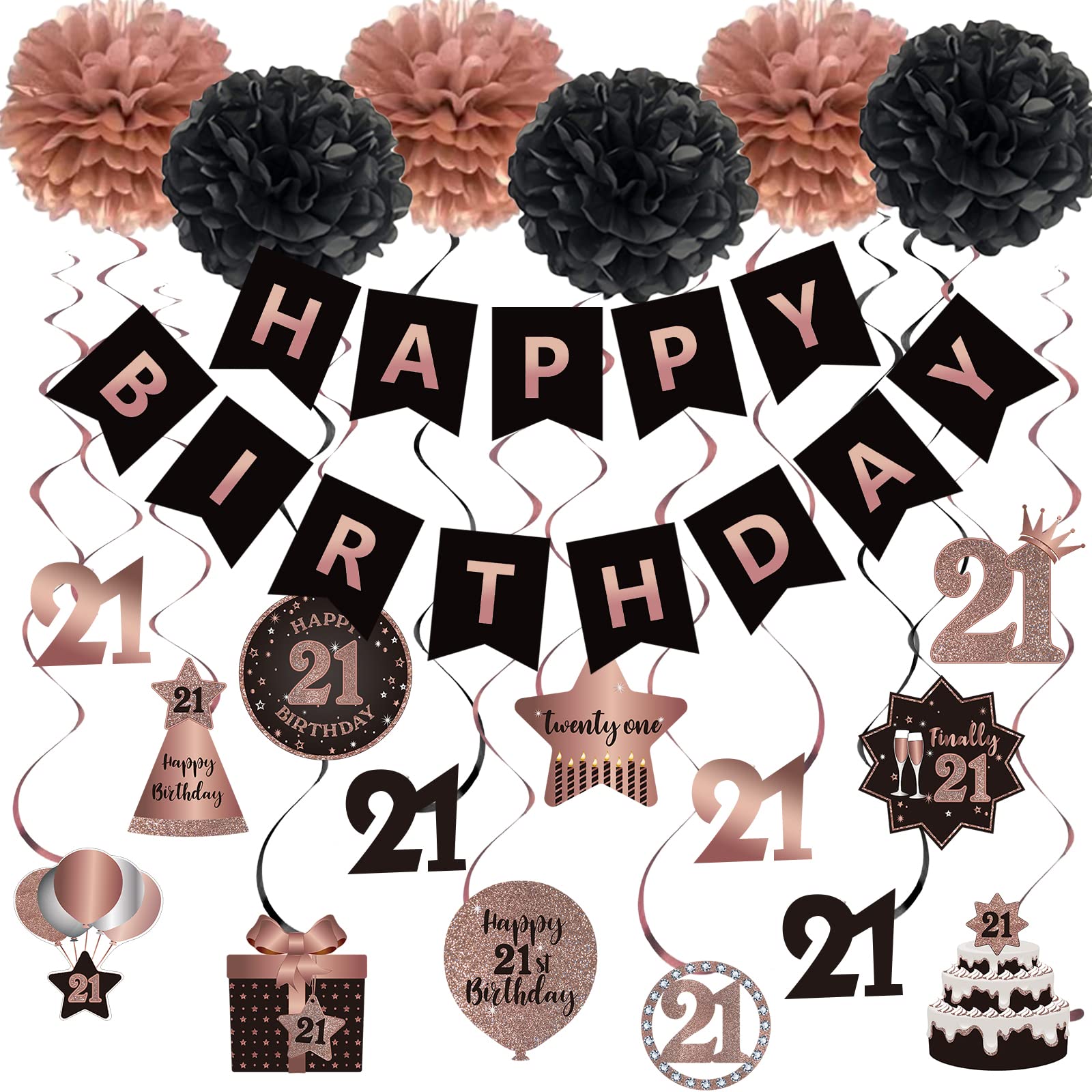 BRT Bearingshui Happy 21st Birthday Hanging Swirls Streamers Decoration, Happy Birthday Banner with Tissue Pompoms, Rose Gold and Black 21 Years Old Birthday Party Hanging Backdrop Decorations