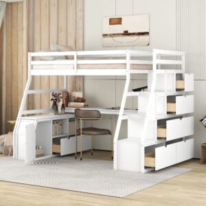 citylight twin size loft bed with desk and stairs, wooden twin loft bed with 7 drawers and 2 shelves,loft bed with storage and stairs for girls boys teens,white