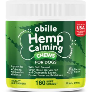 obille hemp calming for dogs 160 chews 12oz – calming chews for dogs anxiety relief, everyday stress relaxation – with hemp oil, flax seed meal, melatonin, valerian and chamomile extract