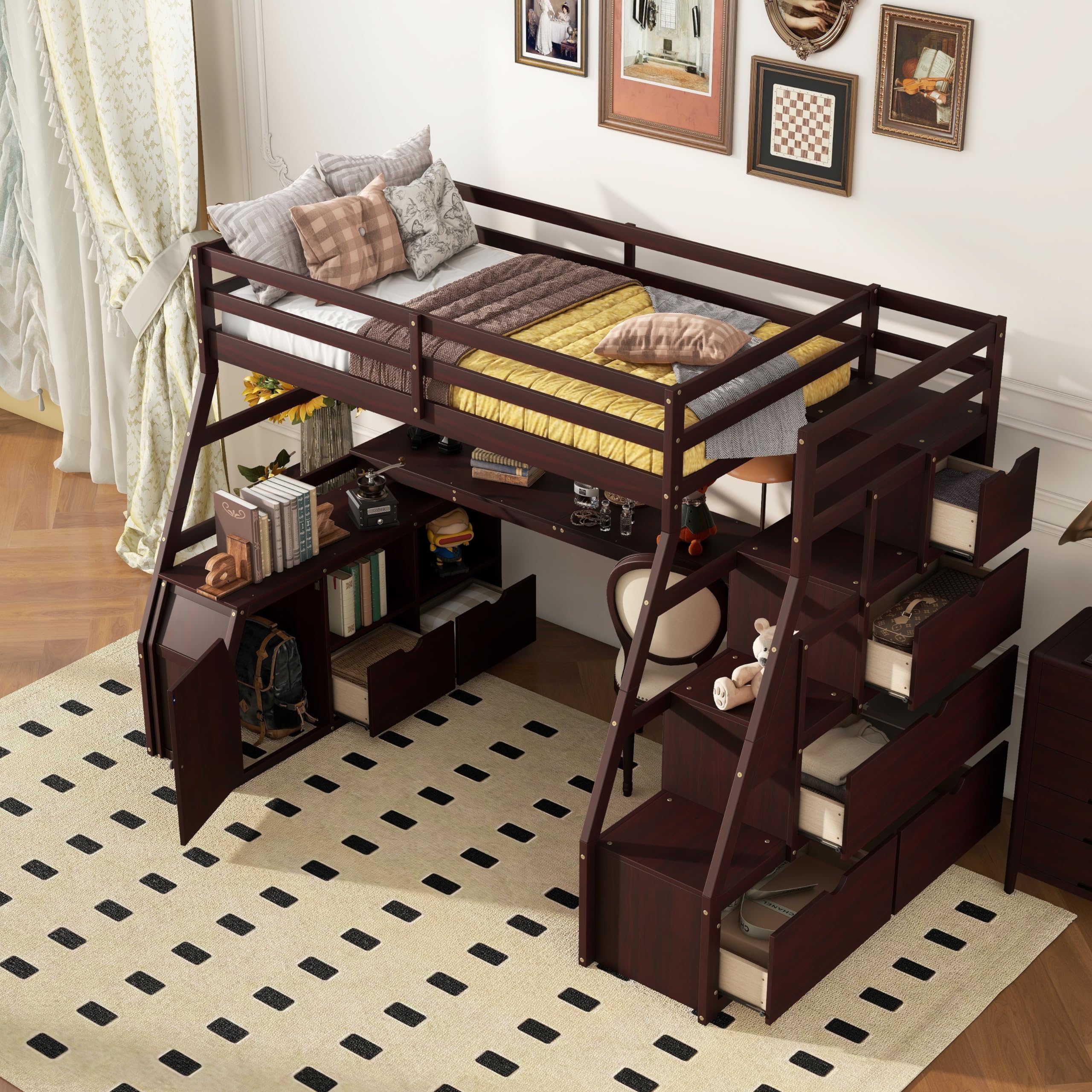 Twin Loft Bed with Desk & Storage Stairs Wood Loft Beds with Cabinet and 7 Drawers and 2 Shelves High Loft Bed Frame with Step for Kids, Juniors, Teen, Boys, Girls, Espresso, Twin Size