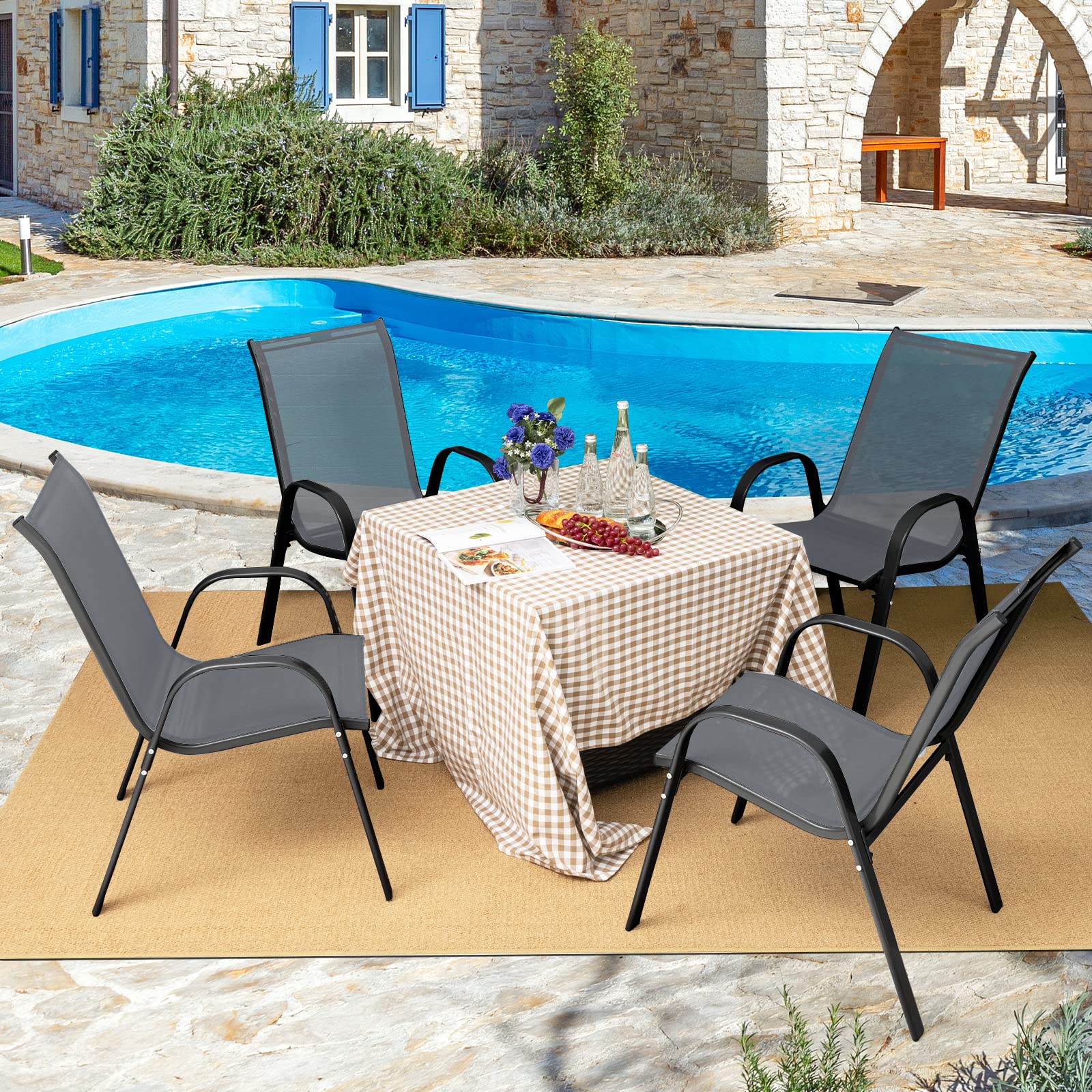 Tangkula 4 Pieces Patio Dining Chairs, Outdoor Stackable All Weather Heavy Duty Dining Chairs Set with Armrests, Support 330 LBS, for Poolside, Backyard, Garden, Deck, Front Porch (Grey)