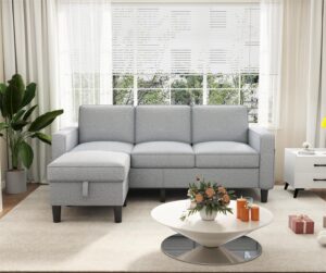 youmumeub convertible sectional sofa couch, l-shaped couch 3-seat sofa with storage reversible chaise, sectional couches for living room, apartment and small space (light gray)