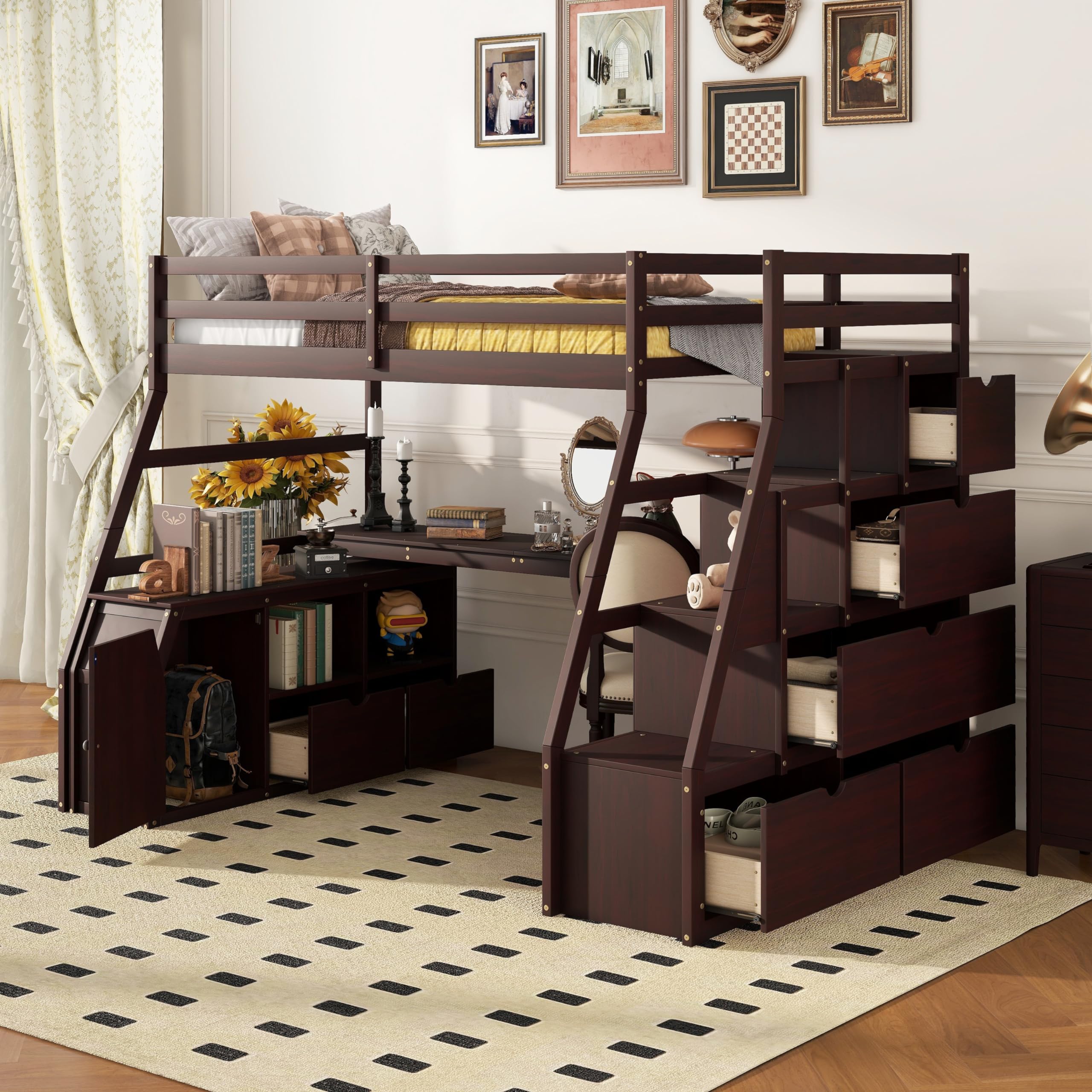 Twin Loft Bed with Desk & Storage Stairs Wood Loft Beds with Cabinet and 7 Drawers and 2 Shelves High Loft Bed Frame with Step for Kids, Juniors, Teen, Boys, Girls, Espresso, Twin Size