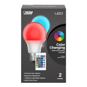 feit electric a19 led party light bulbs, color changing, remote control, 5 watts, e26 standard base, 80 cri, 120v, 13 years lifetime, damp rated led bulbs, 2 pack, a19/rf/partyled/2