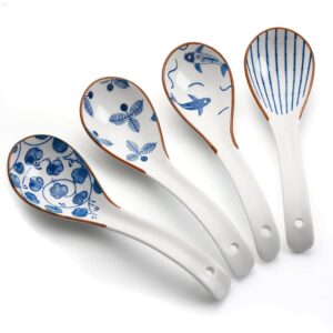 iqcwood porcelain soup spoons, 6.2 inch asian soup spoons, ramen spoons, japanese soup spoons for pho, wonton, noodles, chinese ceramic rice spoons, set of 4