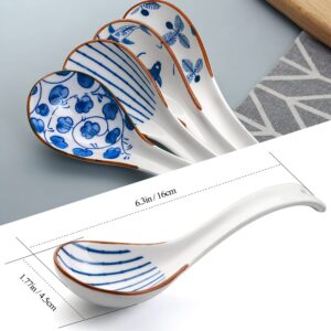 IQCWOOD Porcelain Soup Spoons, 6.2 inch Asian Soup Spoons, Ramen spoons, Japanese soup spoons for Pho, Wonton, Noodles, Chinese Ceramic Rice Spoons, Set of 4