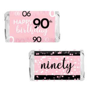 distinctivs pink, black, and white 90th birthday party mini candy bar wrappers - 45 count, 90th birthday decorations for women