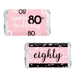 distinctivs pink, black, and white 80th birthday party mini candy bar wrappers - 45 count, 80th birthday decorations for women