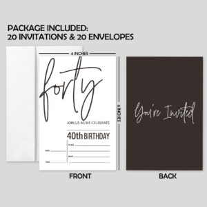 AEHIE 20 Sets 40th Birthday Party Invitations With Envelopes,Modern Black and White 40th Birthday Double-sided Printed Invitation Invite Cards for Women Men,40 Year Old Birthday Invites