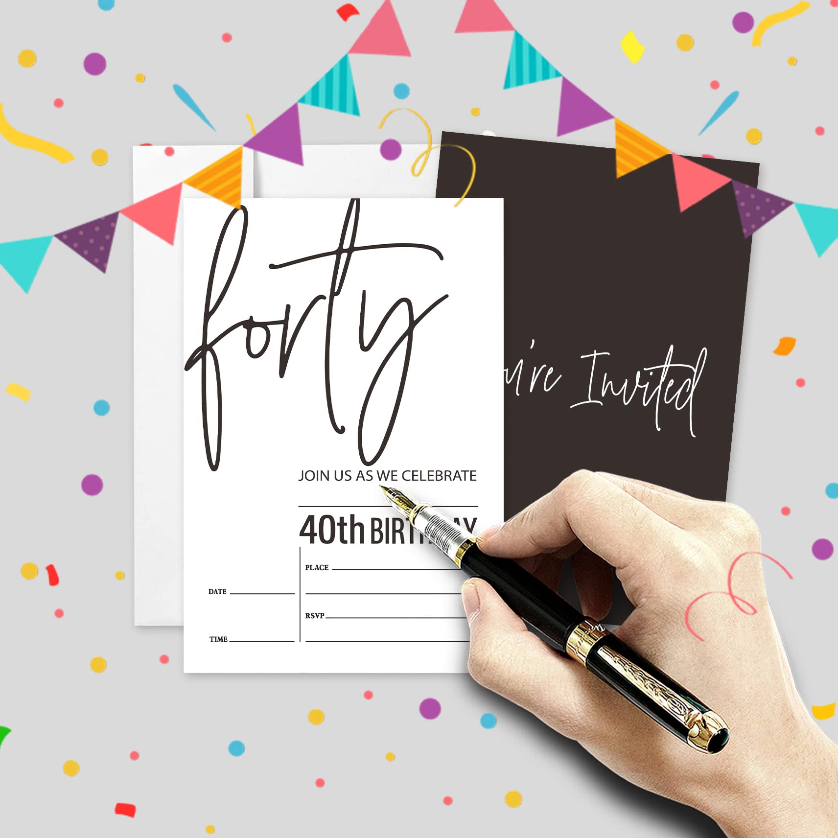 AEHIE 20 Sets 40th Birthday Party Invitations With Envelopes,Modern Black and White 40th Birthday Double-sided Printed Invitation Invite Cards for Women Men,40 Year Old Birthday Invites