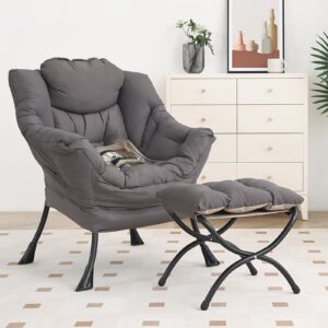 Lazy Chair with Ottoman, Modern Chair with Folding Footrest, Lounge Accent Chair, Comfortable Reading Chair, Oversized Armchairs for Bedroom, Study, Living Room, Courtyard (Dark Grey)