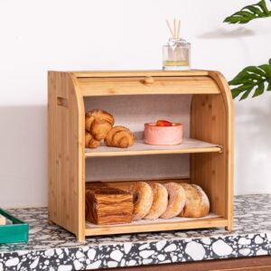 uielpt double layer large bread box for kitchen counter,bamboo large capacity bread storage bin,counter-large capacity bread storage container farmhouse bread box with flexible sliding door