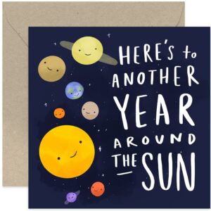 old english co. another year around the sun planets birthday card for him or her - fun cute space birthday greeting card for men and women - colourful universe card | blank inside envelope