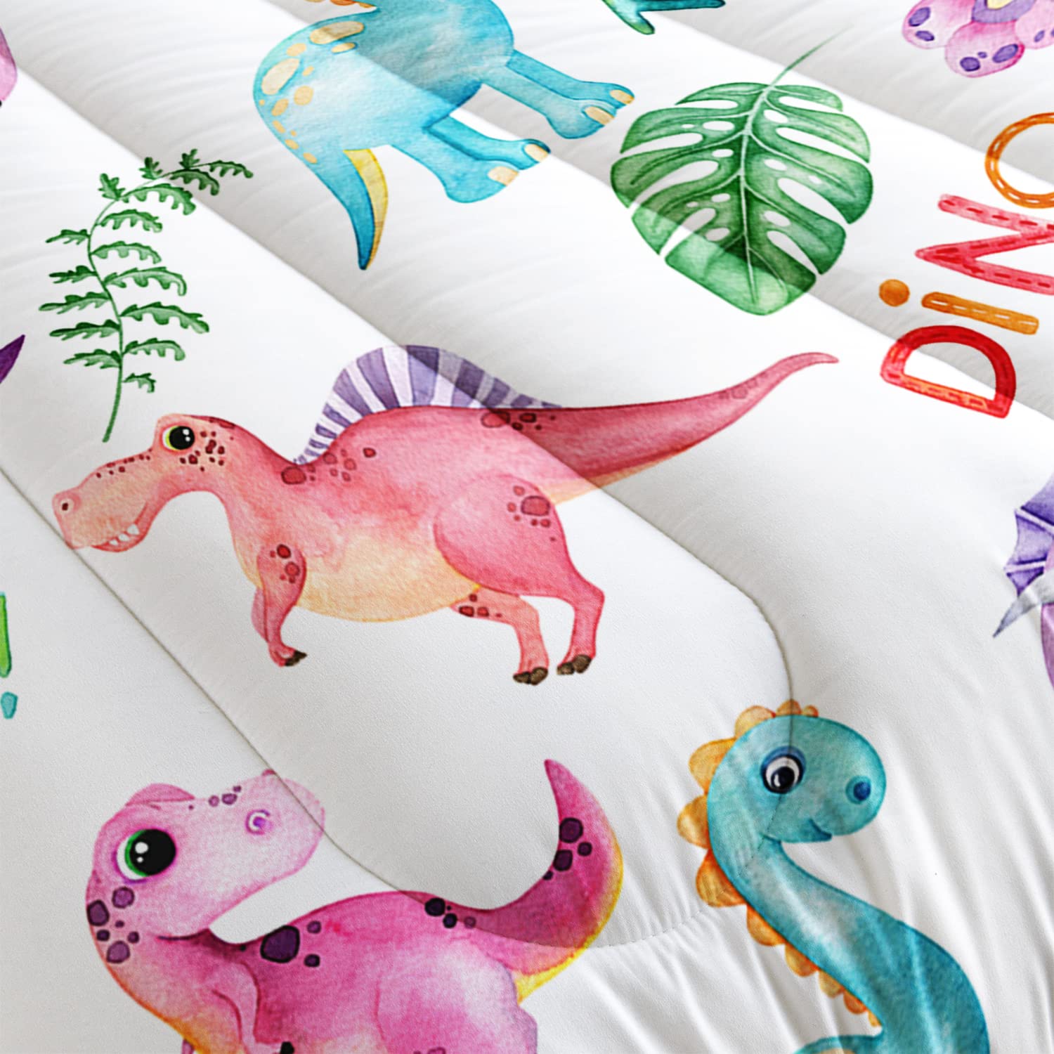 XYNHML Cartoon Dinosaur Comforter Set Twin 3Pc Kawaii Dinosaur Bedding Set All Season with Tree, Leaf Decoration Includes 1 Comforter, 2 Pillowcases for Kids Girls Teens