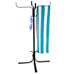 birdrock home outdoor pool towel rack with 4 bars & 4 hooks | ideal for poolside, hot tub, spa, patio, & indoor use | heavy-duty metal drying stand for wet bathing suits, towels & accessories | 45" h