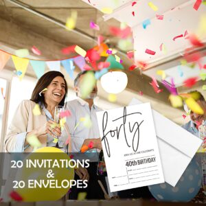 AEHIE 20 Sets 40th Birthday Party Invitations With Envelopes,Modern Black and White 40th Birthday Double-sided Printed Invitation Invite Cards for Women Men,40 Year Old Birthday Invites