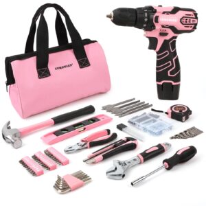 comoware 12v pink cordless drill home tool kit, pink drill set for women, lady's home repairing tool kit hand tool set for diy large-capacity tool storage bag included