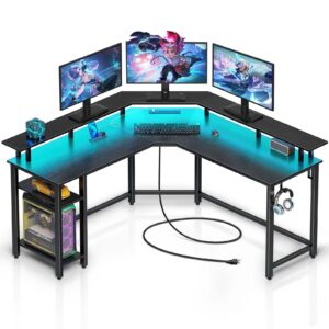 rolanstar l shaped gaming desk with led lights & power outlets, 46.2" computer desk with full monitor stand & storage shelf, corner desk with hooks, black desk reversible