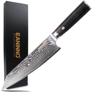 eaninno damascus chef knife 8 inch japanese kitchen knife, sharp professional chefs knife 67 layers high carbon damascus stainless steel vg10 cutting knife