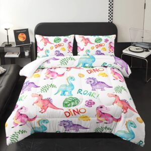 XYNHML Cartoon Dinosaur Comforter Set Twin 3Pc Kawaii Dinosaur Bedding Set All Season with Tree, Leaf Decoration Includes 1 Comforter, 2 Pillowcases for Kids Girls Teens