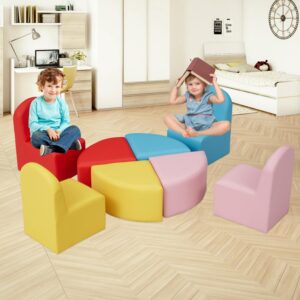 kinsunny 8 pcs kids sofa seating set - colorful stools cartoon leather chair for toddlers soft foam play kids sectional sofa chair for classroom kindergarten library playroom