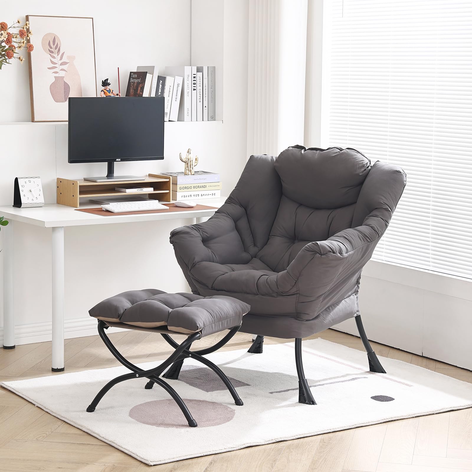 Lazy Chair with Ottoman, Modern Chair with Folding Footrest, Lounge Accent Chair, Comfortable Reading Chair, Oversized Armchairs for Bedroom, Study, Living Room, Courtyard (Dark Grey)