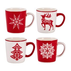 bico holly jolly ceramic mugs, set of 4, for coffee, tea, drinks, microwave & dishwasher safe