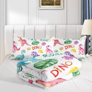 XYNHML Cartoon Dinosaur Comforter Set Twin 3Pc Kawaii Dinosaur Bedding Set All Season with Tree, Leaf Decoration Includes 1 Comforter, 2 Pillowcases for Kids Girls Teens