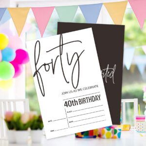 AEHIE 20 Sets 40th Birthday Party Invitations With Envelopes,Modern Black and White 40th Birthday Double-sided Printed Invitation Invite Cards for Women Men,40 Year Old Birthday Invites