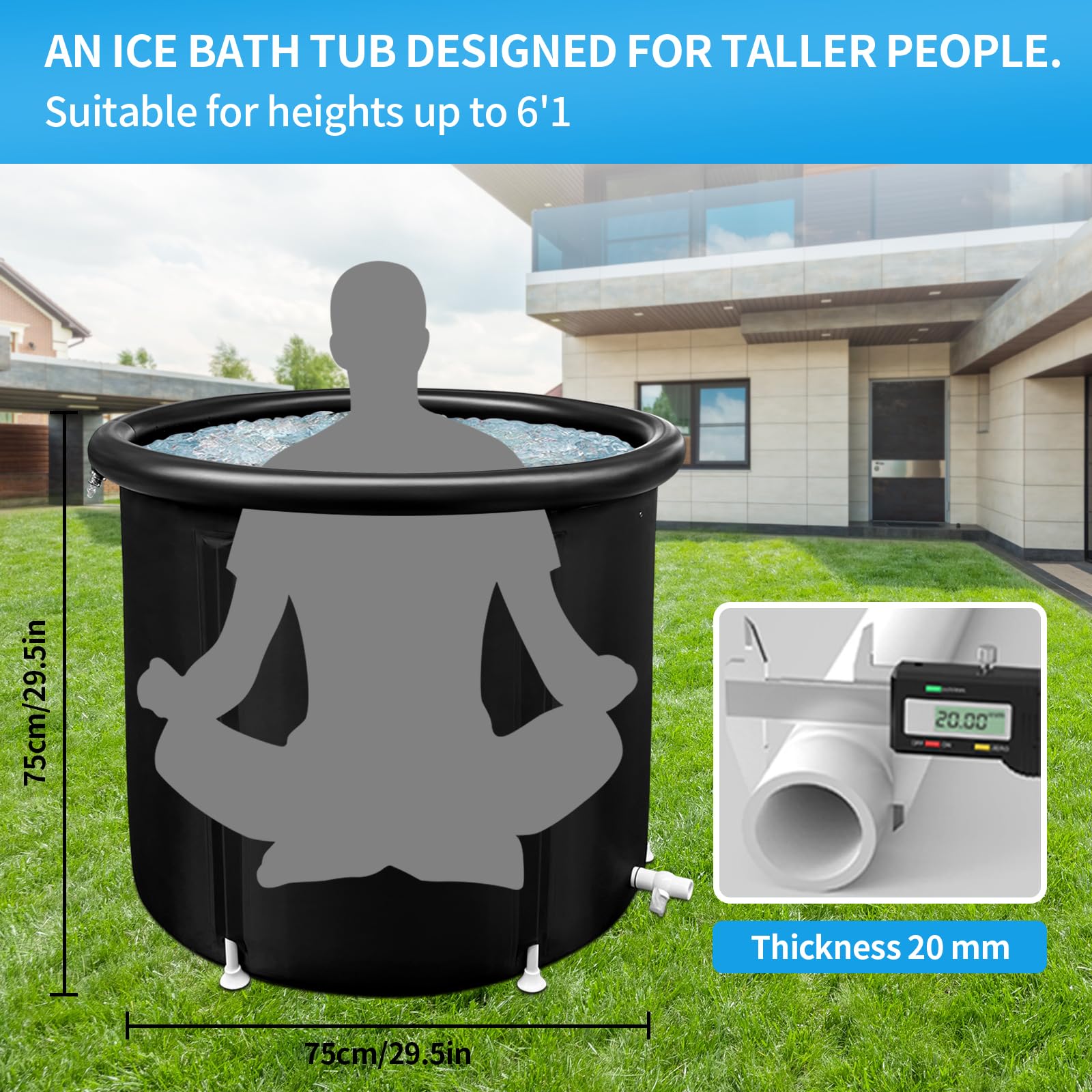 SHUIMEIYAN Large Ice Bath Tub Outdoor with Cover Portable Bathtub Athletes Cold Water Therapy Tub for Recovery Cold Plunge Tub Ice Barrel Ice Bath Tub (8217 black with cover-29.5"Φ x 29.5"H)