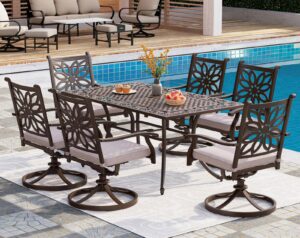 phi villa cast aluminum patio dining set for 6 person, 7 piece outdoor patio set with 63" x 37.4" cast-top aluminum table(2.3" umbrella hole) and 6 swivel rockers dining chairs with cushions