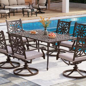 PHI VILLA Cast Aluminum Patio Dining Set for 6 Person, 7 Piece Outdoor Patio Set with 63" x 37.4" Cast-Top Aluminum Table(2.3" Umbrella Hole) and 6 Swivel Rockers Dining Chairs with Cushions